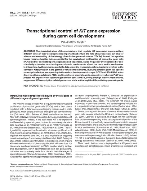 Pdf Transcriptional Control Of Kit Gene Expression During Germ Cell