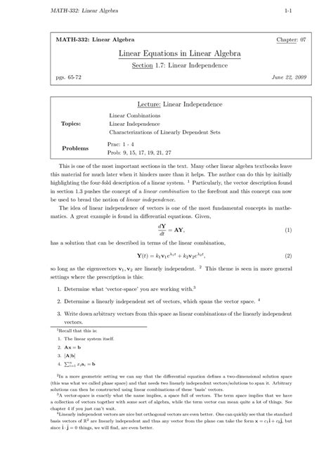 Linear Independence Linear Equations In Linear Algebra Math 332 Docsity