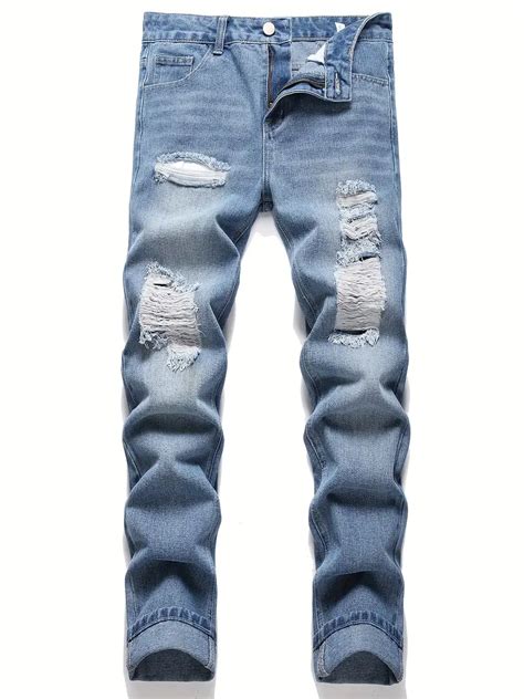 레그 찢어진 면 청바지 봄 여름 남성 캐주얼 스트리트 스타일 고민 데님 바지 Temu Korea