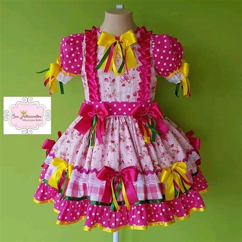 Vestido Luxo Temático Infantil Festa Junina Xadrez Rosa sdr ec