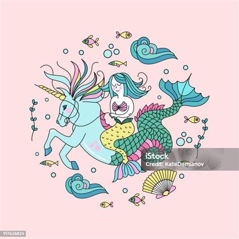 인 어 공주 신화 창조물 인 어는 바다의 유니콘을 타고입니다 바다 생선 조개 해파리에 의해 둘러싸여 있습니다 벡터 일러스트입니다