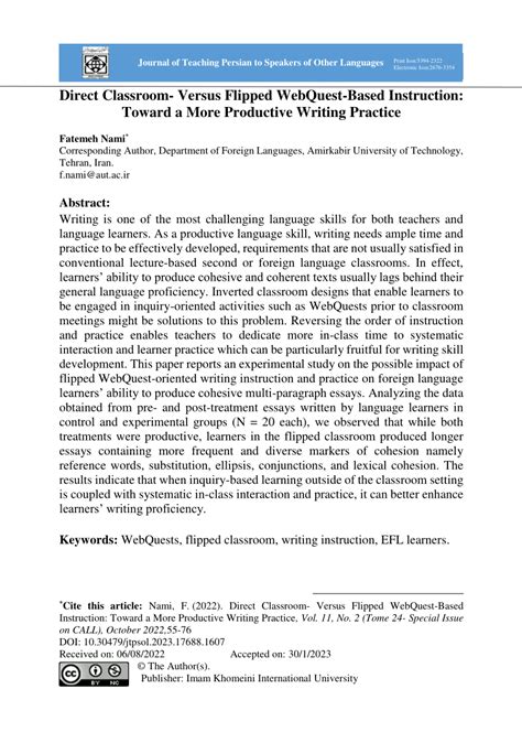 Pdf Direct Classroom Versus Flipped Webquest Based Instruction Toward A More Productive