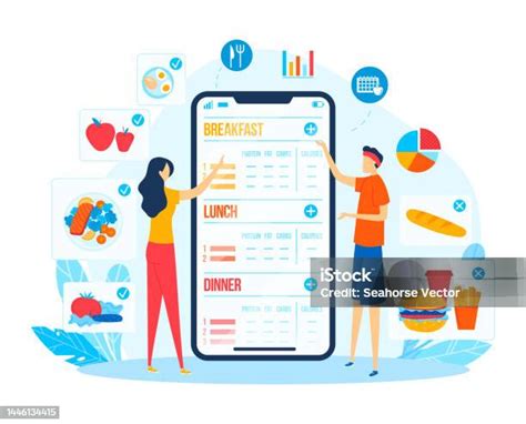 건강한 영양 스마트 폰 응용 프로그램 남자 여자는 모바일 음식 응용 프로그램을 사용 벡터 일러스트 온라인 애플리케이션을 가진