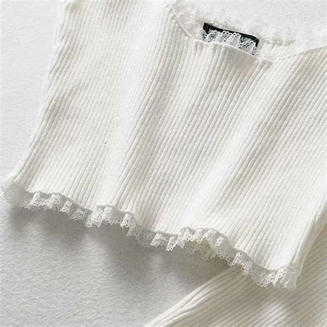Classic Ribbed Lace Trimmed Crop Top And High Waisted Skirts Sunifty