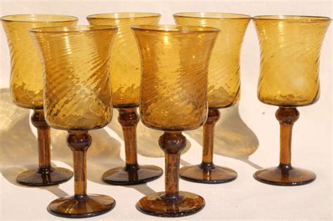 Hand Blown Amber Glass Wine Glasses Vintage Mexican Art Glass Swirl