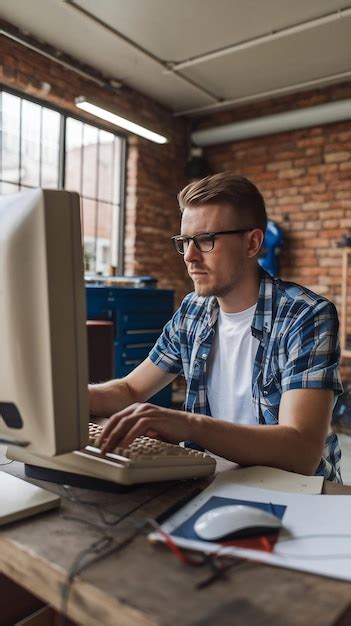 caucasian male software engineer programming on old desktop computer in