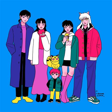 犬夜叉🐶 勝手にるーみっくイラスト2日目 犬夜叉、かごめ、七宝、珊瑚、弥勒5人のコーデを考えるのが楽しかったです♪ 高橋留美子 先生