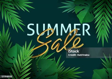안녕하세요 여름 여름 판매 열 대 식물의 배경에 대 한 텍스트 포스터입니다 야자수 잎 정글 잎과 금 글자 판매용 포스터 및 광고 표지판 벡터 일러스트레이션 0명에 대한 스톡
