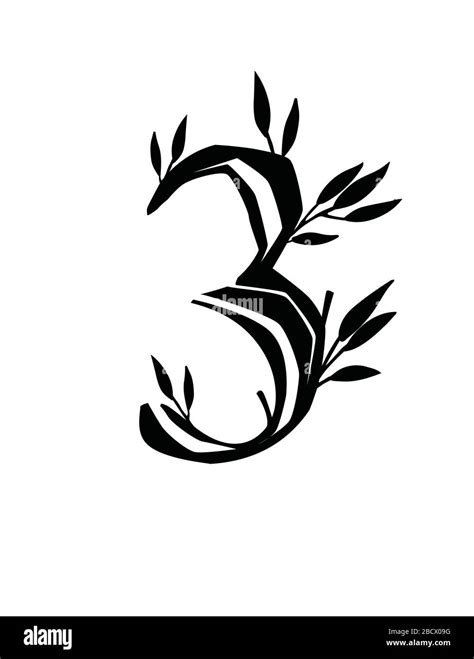 Black Silhouette Number 3 Style Tree Branches With Leaves Botanical