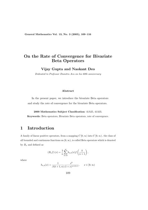 Pdf On The Rate Of Convergence For Bivariate Beta Operators