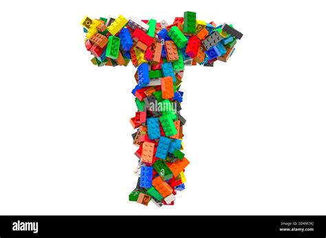 Letter T From Colored Plastic Building Blocks 3D Rendering Isolated On