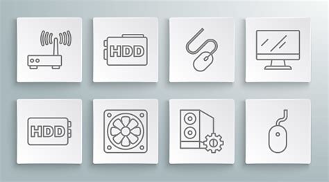 set line hard disk drive hdd computer cooler case of computer mouse monitor screen and router