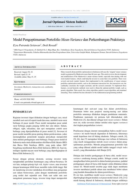 PDF Model Pengoptimuman Portofolio Mean Variance Dan Perkembangan Praktisnya