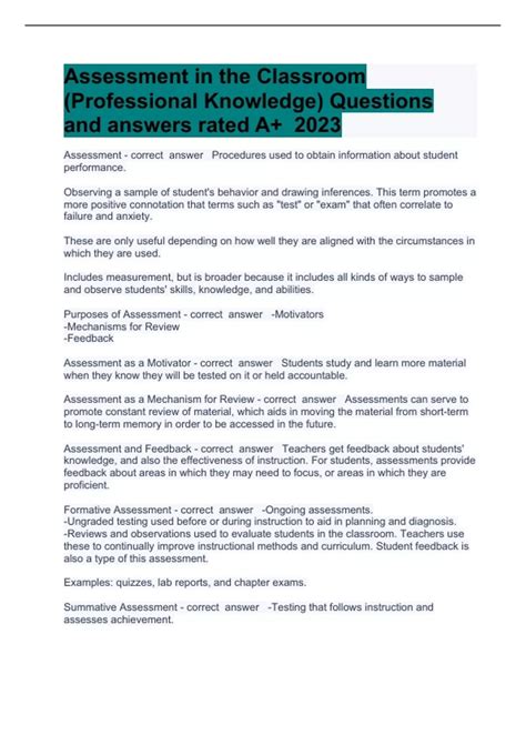 Assessment In The Classroom Professional Knowledge Questions And