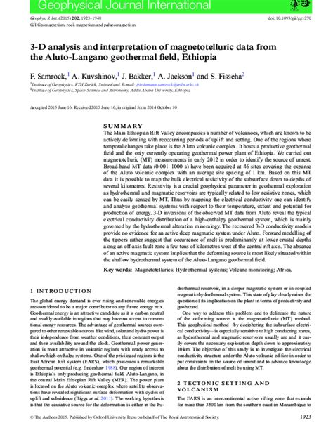 Pdf 3 D Analysis And Interpretation Of Magnetotelluric Data From The Aluto Langano Geothermal