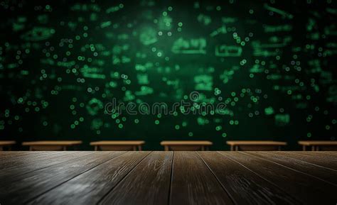 Wooden Table In Classroom Setting With Green Chalkboard Filled With Mathematical Formulas And