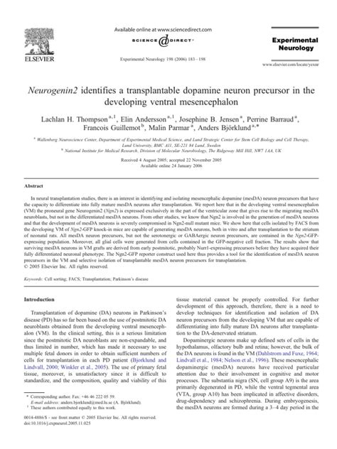 2006 Neurogenin2 Identifies A Transplantable Dopamine Neuron Precursor
