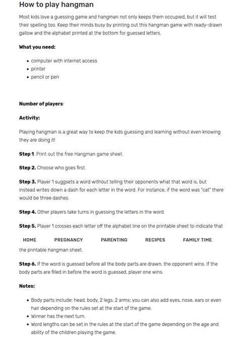 Printable Hangman Game Rules Templates