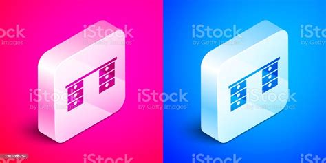 ピンクと青の背景に分離された等角 Office デスク アイコンシルバースクエアボタンベクトル くつろぐのベクターアート素材や画像を多数ご