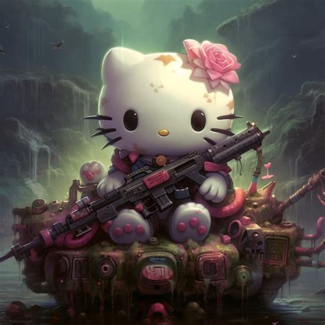 Premium Photo There Is A Hello Kitty With A Gun Sitting On A Tank Generative Ai
