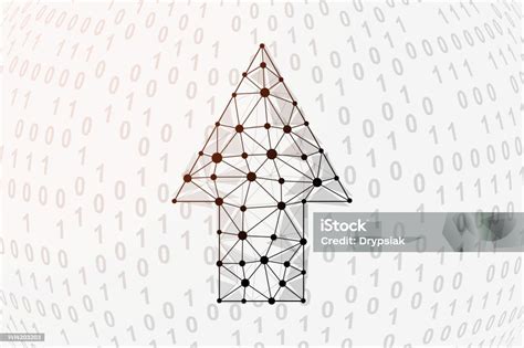 위쪽 화살표 3d 바이너리 코드 배경이있는 낮은 폴리 기호 성장 디자인 벡터 일러스트레이션 연결된 점이 있는 비즈니스 목표 다각형 기호 3차원 형태에 대한 스톡 벡터 아트