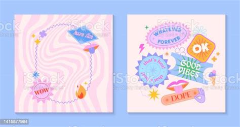 90 년대 스타일의 패치와 스티커가있는 귀여운 재미있는 템플릿의 벡터 세트 강렬하고 밝은 색상에 대한 스톡 벡터 아트 및 기타 이미지 강렬하고 밝은 색상 개념 개체