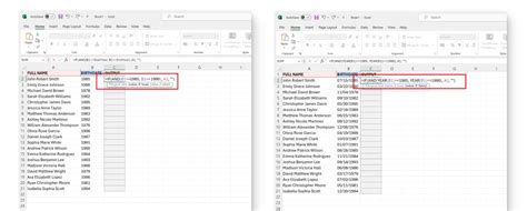 how to extract names from cells based on birthdate in excel