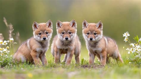 Three Adorable Wolf Cubs Are Energetically Playing Together In A