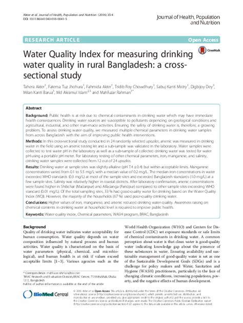 Pdf Water Quality Index For Measuring Drinking Water Quality In Rural