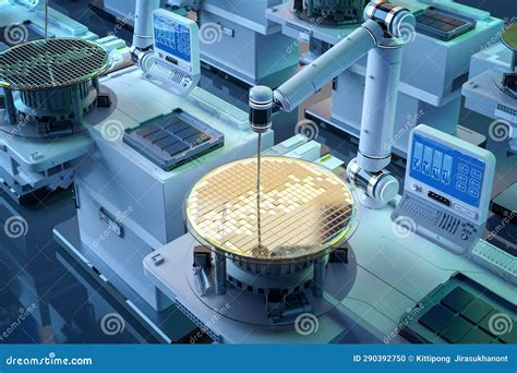 Halbleiterfertigung Mit Roboterarmen Und Siliziumscheiben Stock