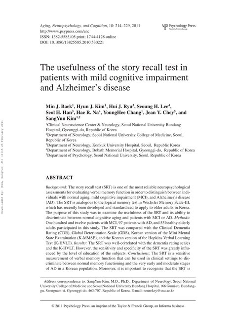 Pdf The Usefulness Of The Story Recall Test In Patients With Mild