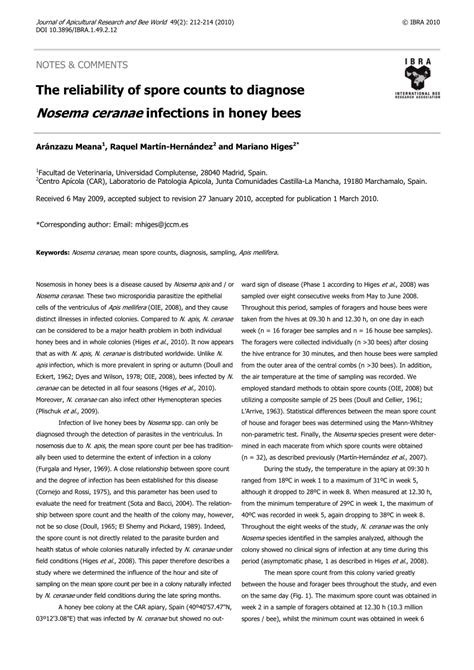 pdf the reliability of spore counts to diagnose nosema ceranae