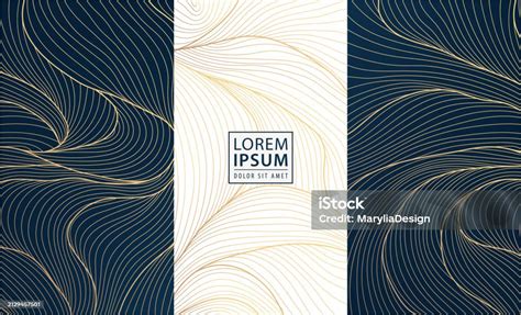웨이브 라인 골드 배경 바다 멋진 패턴의 벡터 세트입니다 아트 플로우 우아한 질감 일본식 템플릿 와인 패키지 향수 라벨 일러스트