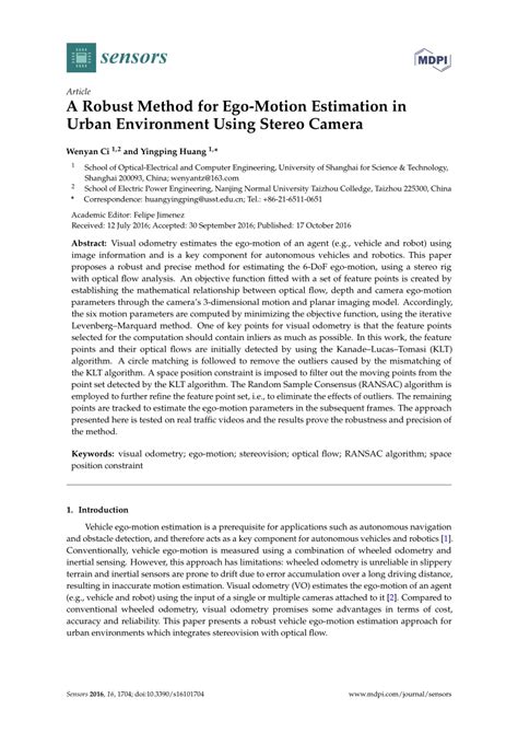 PDF A Robust Method For Ego Motion Estimation In Urban Environment