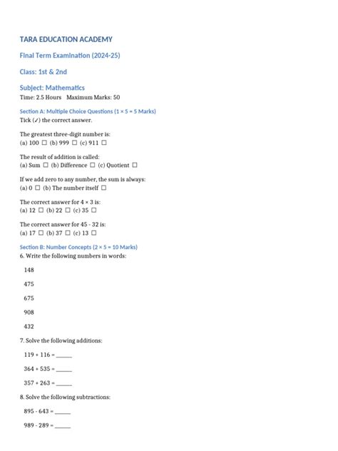 Final Term Exam Math Class1 2 Pdf