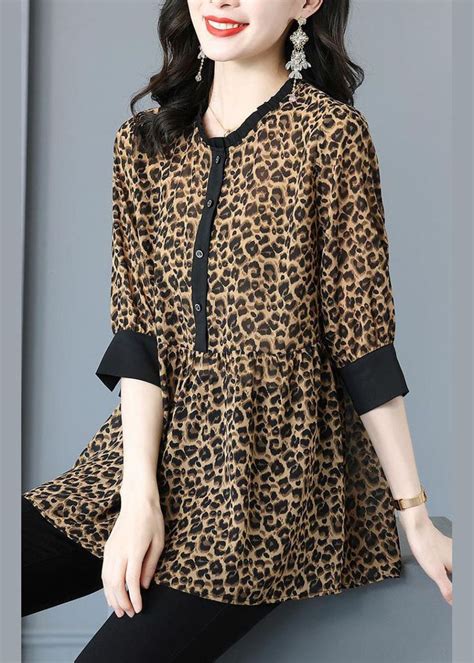 Italian Ruffled Patchwork Leopard Shirt Top Half Sleeve Cotton