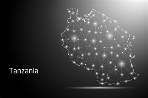 タンザニアの地図と暗いグラデーションの背景に抽象的なマッシュラインとポイントスケール3dメッシュポリゴンネットワーク接続 タンザニアの