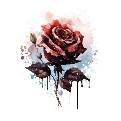 Una Pintura De Acuarela De Una Rosa Roja Con Tallo Y Hojas Foto Premium