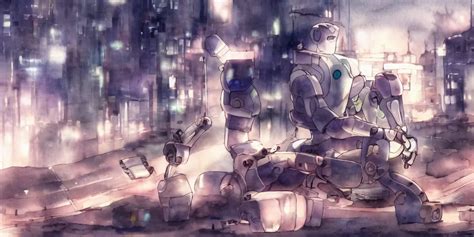 Watercolour Painting Of A Broken Robot Repairing Stable Diffusion