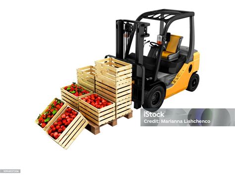 노란색 흰색 바탕에 빨간 사과 3d 렌더링의 로드 상자 그림자 지게차 0명에 대한 스톡 사진 및 기타 이미지 0명 나무 상자 농업 기계 Istock