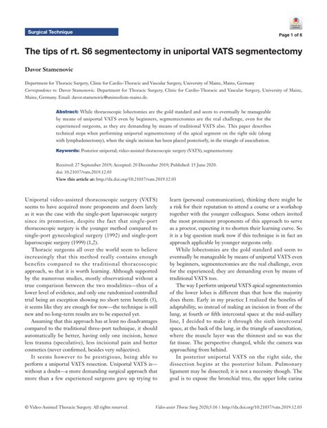 Pdf The Tips Of Rt S6 Segmentectomy In Uniportal Vats Segmentectomy Posterior Approach