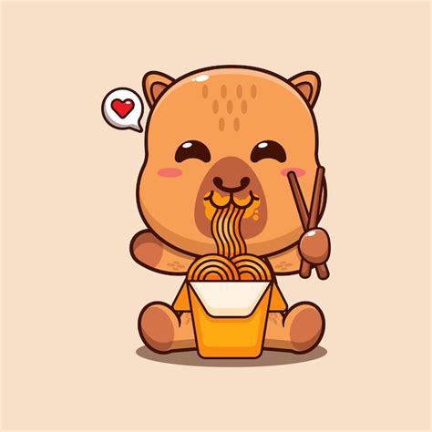 Premium Vector Cute Capybara Eating Noodle Cartoon Vector Illustration