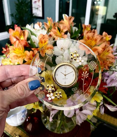 Round Mikimoto Small Desk Clock With Pearls And Gold Flowers Etsy