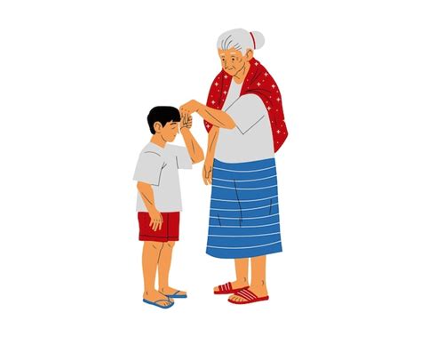 부모와 자식 할머니와 손자가 함께 서 벡터 일러스트 레이 션 프리미엄 벡터