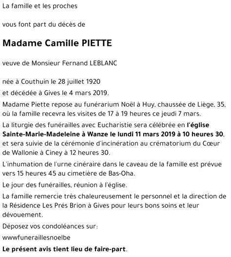 Avis De Décès De Camille Piette Décédé Le 04032019 à Annonce