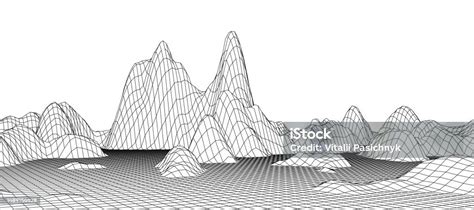 디지털 와이어프레임 풍경 와이어프레임 지형 다각형 조경 디자인 계곡이있는 산의 디지털 사이버 공간 벡터 일러스트레이션 3차원 형태에 대한 스톡 벡터 아트 및 기타 이미지