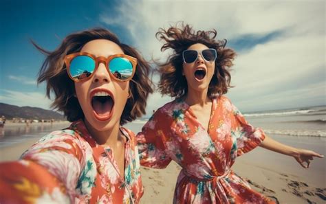 Premium Ai Image Girls Taking A Selfie On The Beach Generative Ai