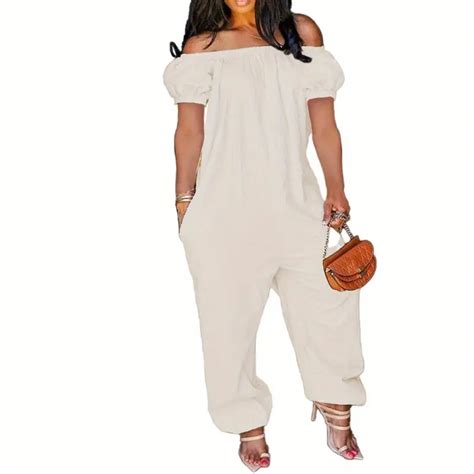 Plus Size Casual Jumpsuit Womens Plus Solid Shoulder Bubble Temu