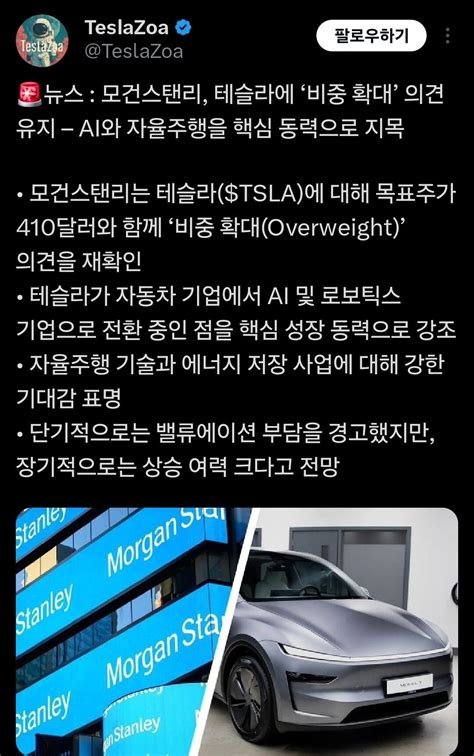 모건스탠리 테슬라 목표 주가 410달러 주식 에펨코리아