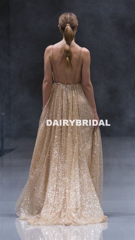 Sparkle Sequin Tulle V Neck Prom Dresses Sexy Golden Backless Prom Dr